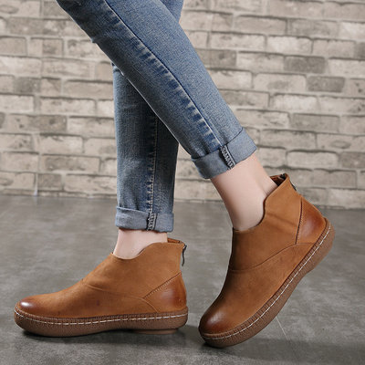 S043 Round toe retro handmade women's single shoes deep mouth flat heel flat fluffy back zipper top layer cowhide women