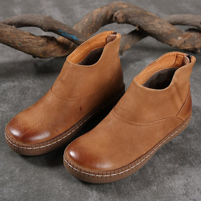 S043 Round toe retro handmade women's single shoes deep mouth flat heel flat fluffy back zipper top layer cowhide women