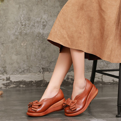 S045Original retro handmade women's shoes spring new products 2020 leather wedge single shoes bow knot shoes