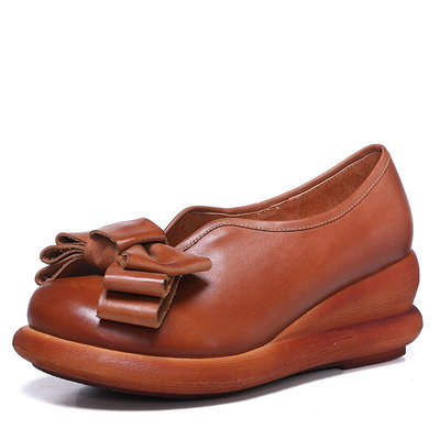 S045Original retro handmade women's shoes spring new products 2020 leather wedge single shoes bow knot shoes