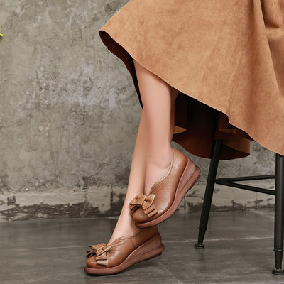 S045Original retro handmade women's shoes spring new products 2020 leather wedge single shoes bow knot shoes