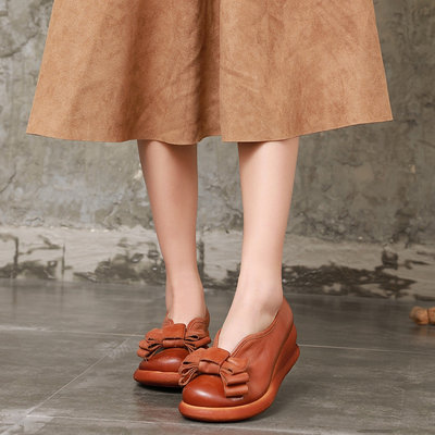 S045Original retro handmade women's shoes spring new products 2020 leather wedge single shoes bow knot shoes