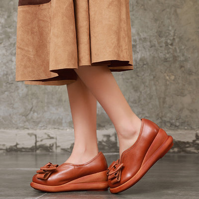 S045Original retro handmade women's shoes spring new products 2020 leather wedge single shoes bow knot shoes