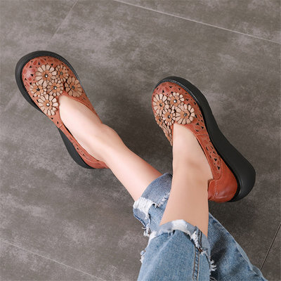 S046 Flower genuine leather hollow platform shoes round toe caps super light and comfortable soft leather women's shoes
