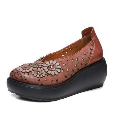 S046 Flower genuine leather hollow platform shoes round toe caps super light and comfortable soft leather women's shoes