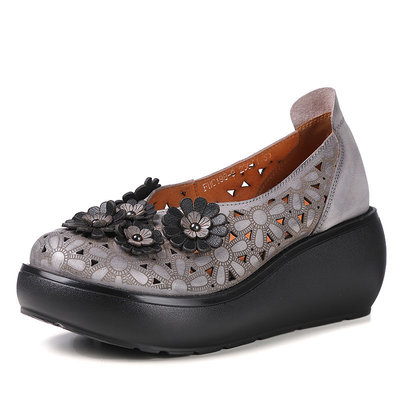 S046 Flower genuine leather hollow platform shoes round toe caps super light and comfortable soft leather women's shoes