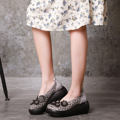 S046 Flower genuine leather hollow platform shoes round toe caps super light and comfortable soft leather women's shoes