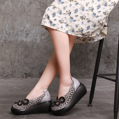 S046 Flower genuine leather hollow platform shoes round toe caps super light and comfortable soft leather women's shoes