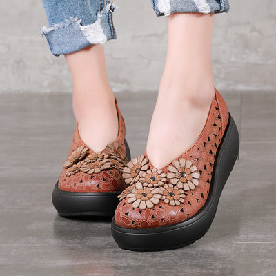 S046 Flower genuine leather hollow platform shoes round toe caps super light and comfortable soft leather women's shoes