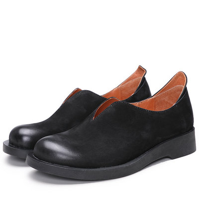 S047 About round toe women's shoes solid color polished top layer cowhide single shoes flat heel leather shoes