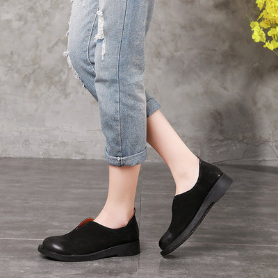 S047 About round toe women's shoes solid color polished top layer cowhide single shoes flat heel leather shoes