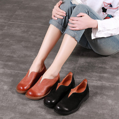 S047 About round toe women's shoes solid color polished top layer cowhide single shoes flat heel leather shoes