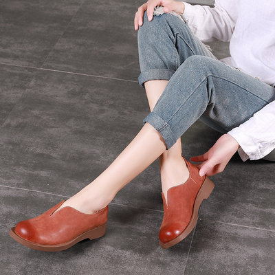 S047 About round toe women's shoes solid color polished top layer cowhide single shoes flat heel leather shoes