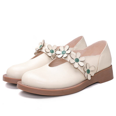 S048 Retro original handmade women's shoes small flowers first layer cowhide casual flat round head shallow mouth white