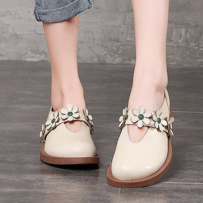 S048 Retro original handmade women's shoes small flowers first layer cowhide casual flat round head shallow mouth white