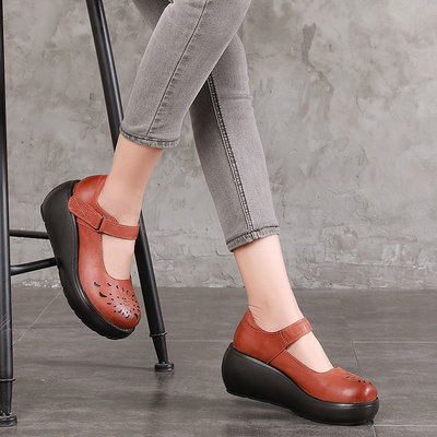 S049 Round toe wedges women's shoes thick-soled cowhide toe layer leather retro handmade single shoes Velcro comfortable