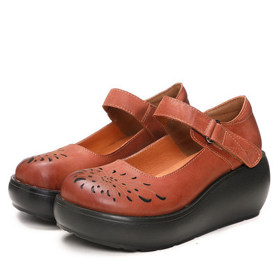 S049 Round toe wedges women's shoes thick-soled cowhide toe layer leather retro handmade single shoes Velcro comfortable