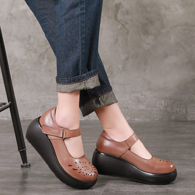 S049 Round toe wedges women's shoes thick-soled cowhide toe layer leather retro handmade single shoes Velcro comfortable