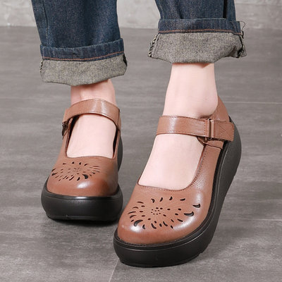 S049 Round toe wedges women's shoes thick-soled cowhide toe layer leather retro handmade single shoes Velcro comfortable
