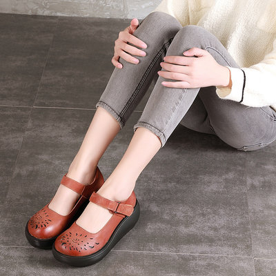 S049 Round toe wedges women's shoes thick-soled cowhide toe layer leather retro handmade single shoes Velcro comfortable