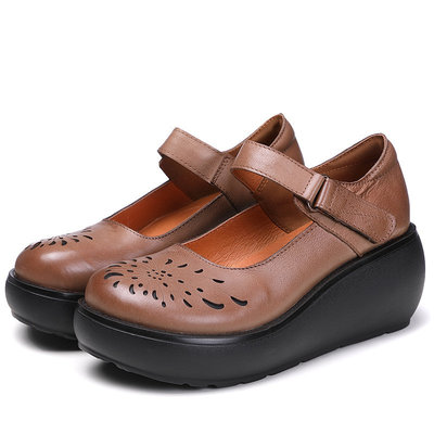 S049 Round toe wedges women's shoes thick-soled cowhide toe layer leather retro handmade single shoes Velcro comfortable