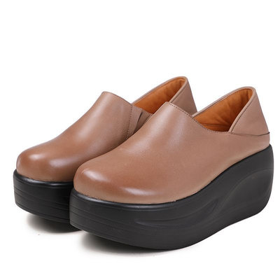 S050 Round toe retro original handmade women's shoes thick-soled wedges with the first layer of leather casual single