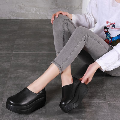 S050 Round toe retro original handmade women's shoes thick-soled wedges with the first layer of leather casual single