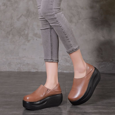 S050 Round toe retro original handmade women's shoes thick-soled wedges with the first layer of leather casual single