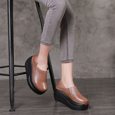 S050 Round toe retro original handmade women's shoes thick-soled wedges with the first layer of leather casual single