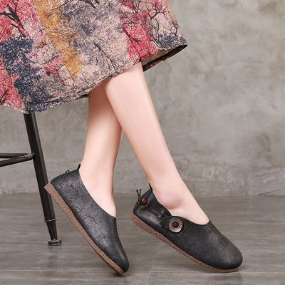 S051 Handmade retro women's shoe head layer leather round toe frosted single shoes flat soft comfortable casual shoes