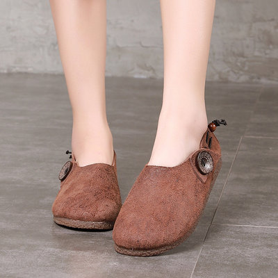 S051 Handmade retro women's shoe head layer leather round toe frosted single shoes flat soft comfortable casual shoes
