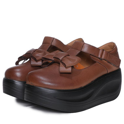 S053 Round toe retro women's shoes thick bottom wedges leather top layer single shoes bowknot velcro non-slip casual