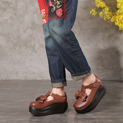 S053 Round toe retro women's shoes thick bottom wedges leather top layer single shoes bowknot velcro non-slip casual