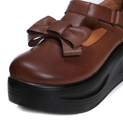 S053 Round toe retro women's shoes thick bottom wedges leather top layer single shoes bowknot velcro non-slip casual