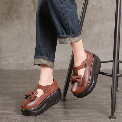 S053 Round toe retro women's shoes thick bottom wedges leather top layer single shoes bowknot velcro non-slip casual