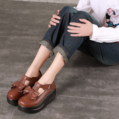 S053 Round toe retro women's shoes thick bottom wedges leather top layer single shoes bowknot velcro non-slip casual