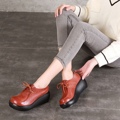 S055 Retro round toe women's shoes, first layer leather lace-up, thick-soled wedge single shoes, non-slip new products