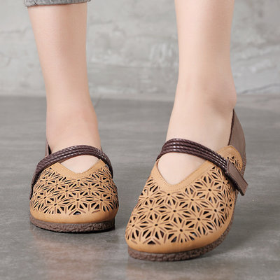 S057  new retro hollow stitching leather women's shoes original handmade velcro shallow mouth single shoes lazy shoes