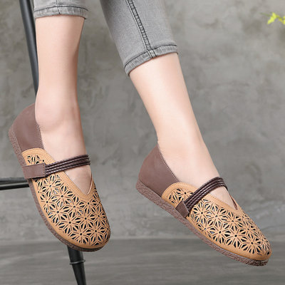 S057  new retro hollow stitching leather women's shoes original handmade velcro shallow mouth single shoes lazy shoes