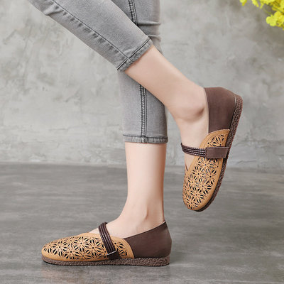 S057  new retro hollow stitching leather women's shoes original handmade velcro shallow mouth single shoes lazy shoes