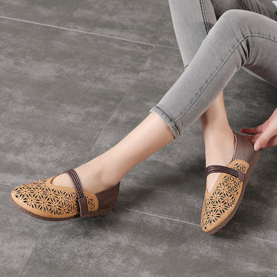 S057  new retro hollow stitching leather women's shoes original handmade velcro shallow mouth single shoes lazy shoes