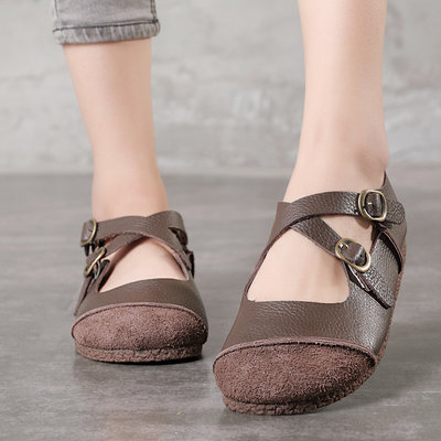 S059 Factory retro contrast stitching leather women's shoes original handmade belt buckle shallow shoes