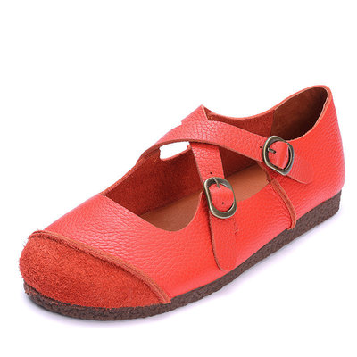 S059 Factory retro contrast stitching leather women's shoes original handmade belt buckle shallow shoes