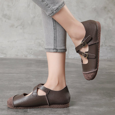 S059 Factory retro contrast stitching leather women's shoes original handmade belt buckle shallow shoes