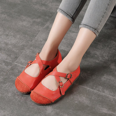 S059 Factory retro contrast stitching leather women's shoes original handmade belt buckle shallow shoes