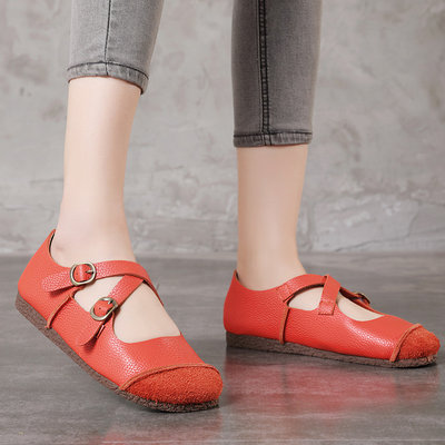 S059 Factory retro contrast stitching leather women's shoes original handmade belt buckle shallow shoes