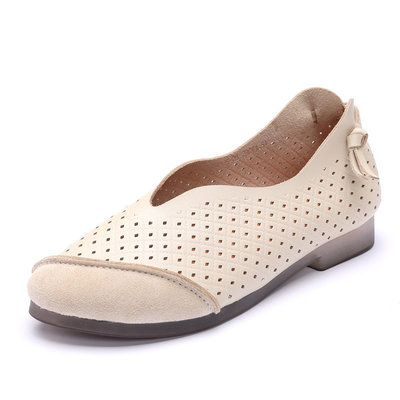 S061 Leather retro handmade stitching hit color flat hollow female shallow shoes
