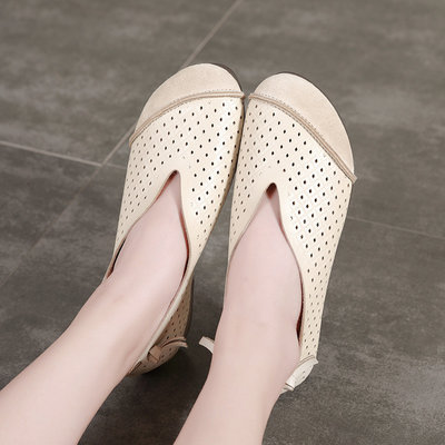 S061 Leather retro handmade stitching hit color flat hollow female shallow shoes