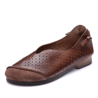 S061 Leather retro handmade stitching hit color flat hollow female shallow shoes