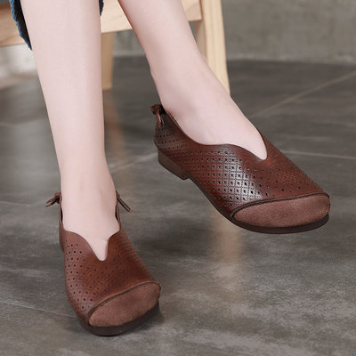S061 Leather retro handmade stitching hit color flat hollow female shallow shoes